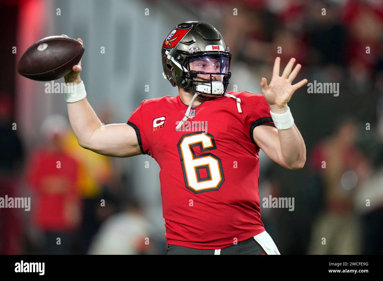 Tampa Bay Buccaneers quarterback Baker Mayfield works out prior to an ...