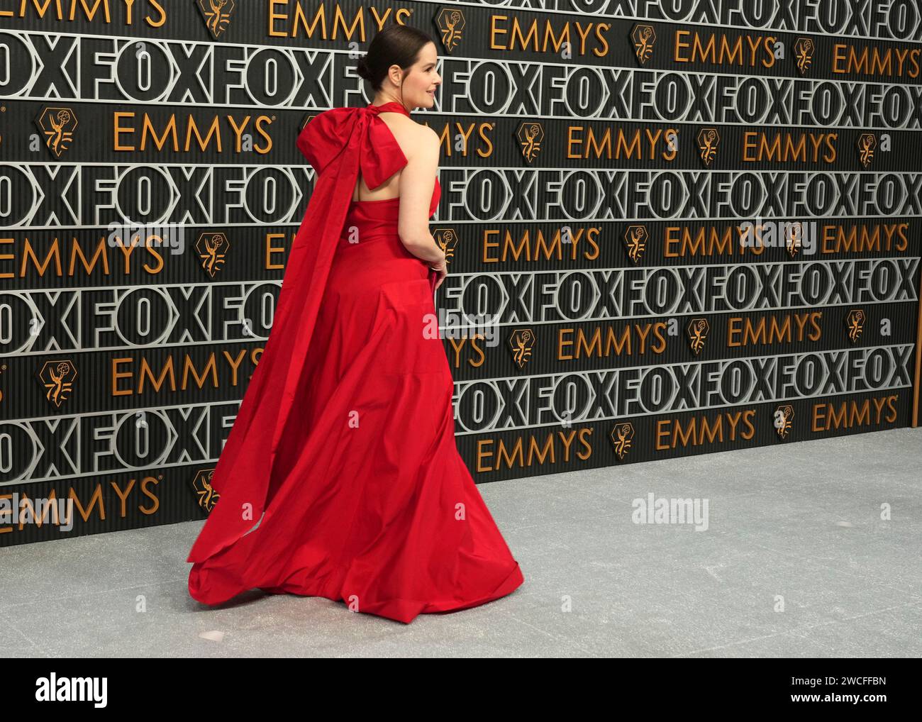 Emily Hampshire poses for a Red Carpet portrait at the 75th Emmy Awards ...