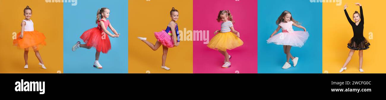 Cute little girls dancing on different colors backgrounds, collection ...