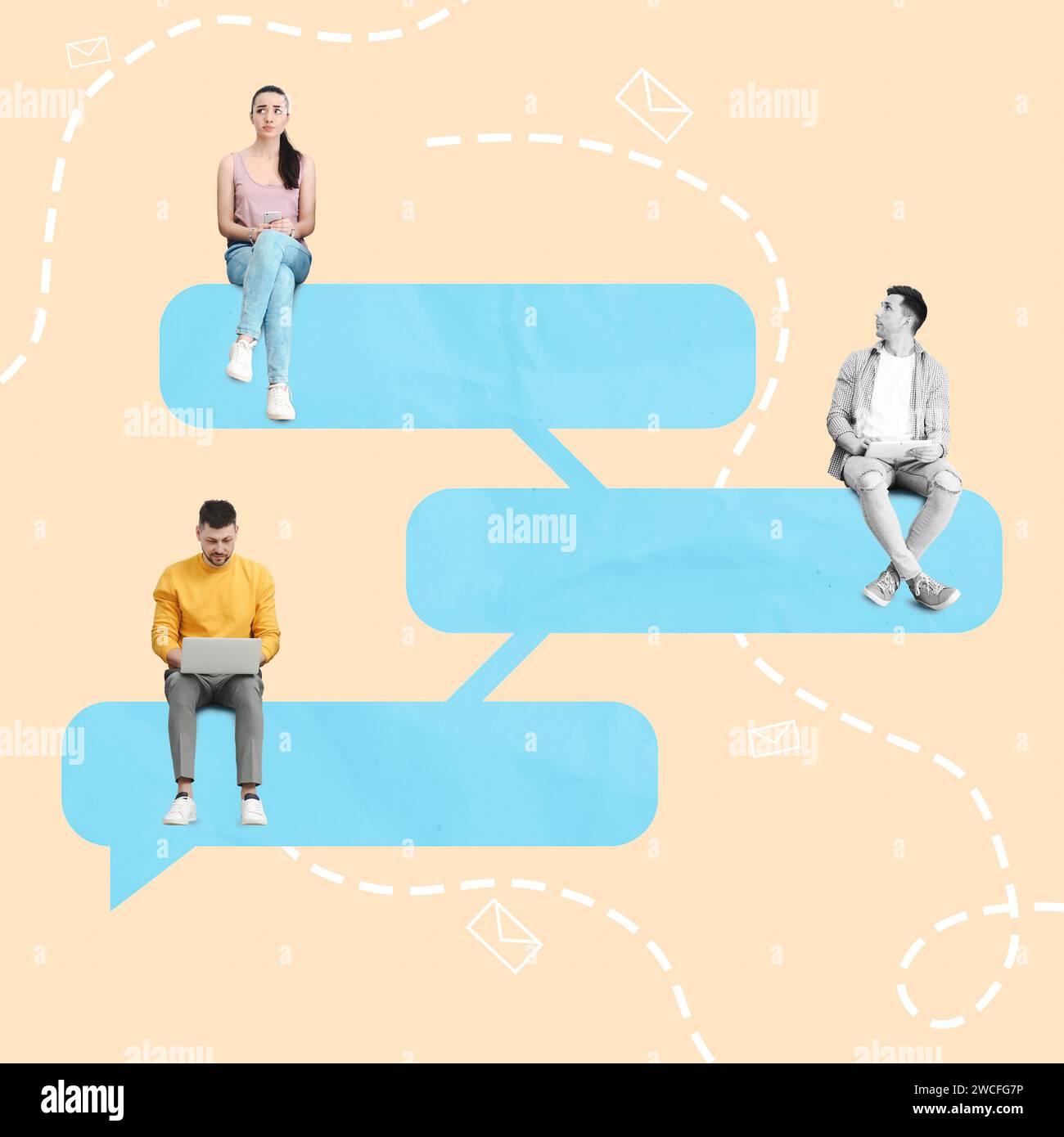 Dialogue. Woman and men sitting on connected speech bubble against ...