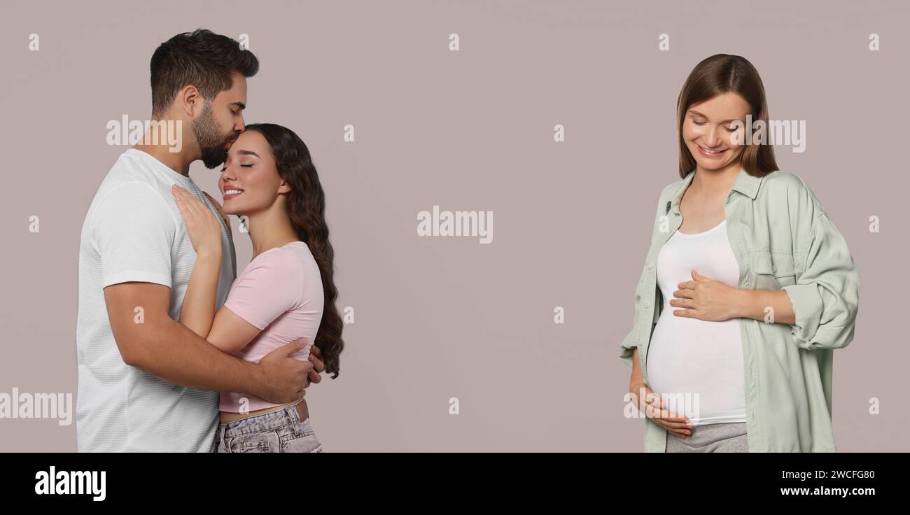 Surrogate mother and intended parents on beige background. Banner ...