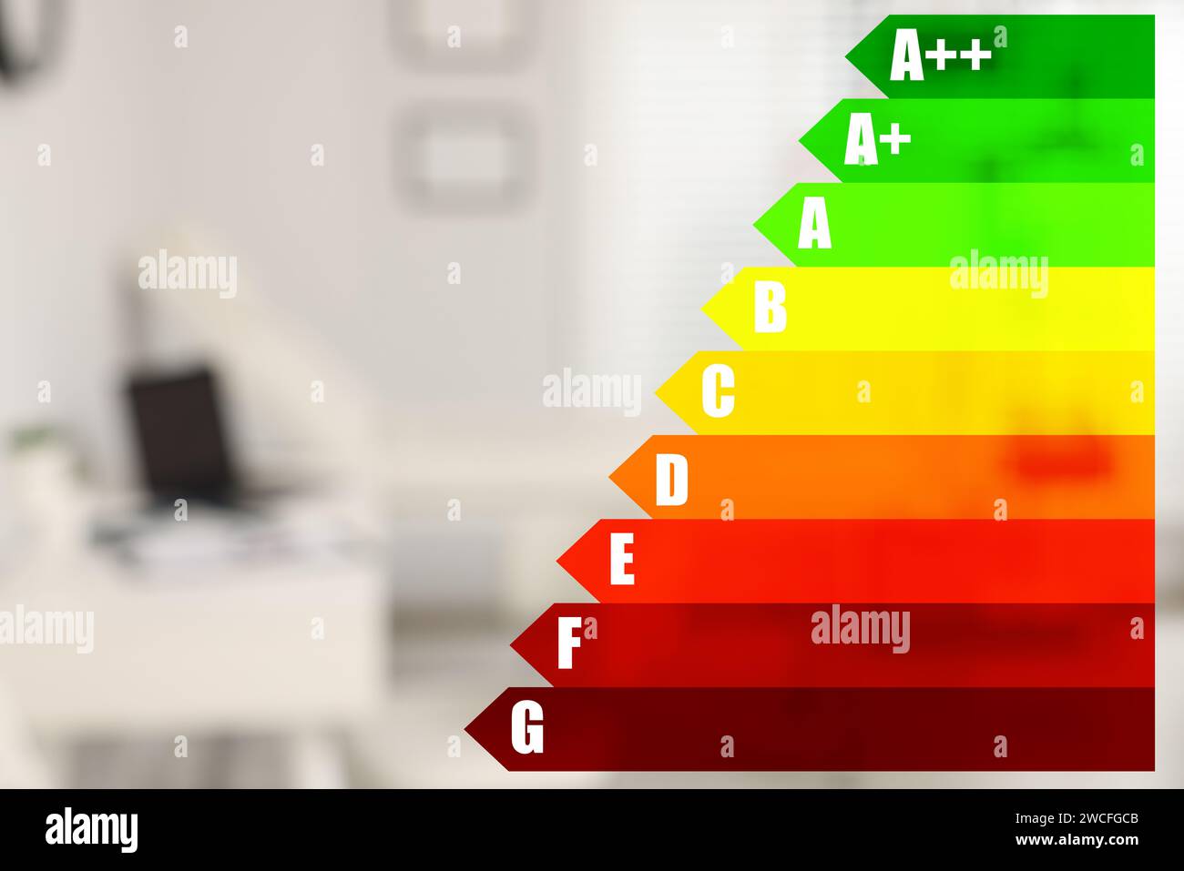 Energy efficiency rating and blurred view of room interior Stock Photo ...