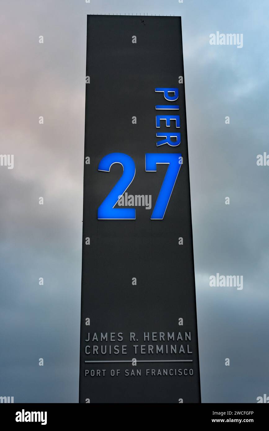 Pier 27 sign on the dockside at San Francisco marking the entrance to ...