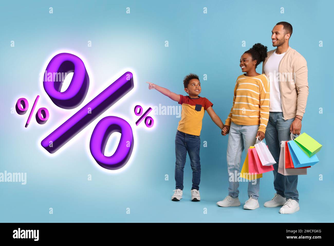 Discount offer. Family with shopping bags looking at percent signs on ...