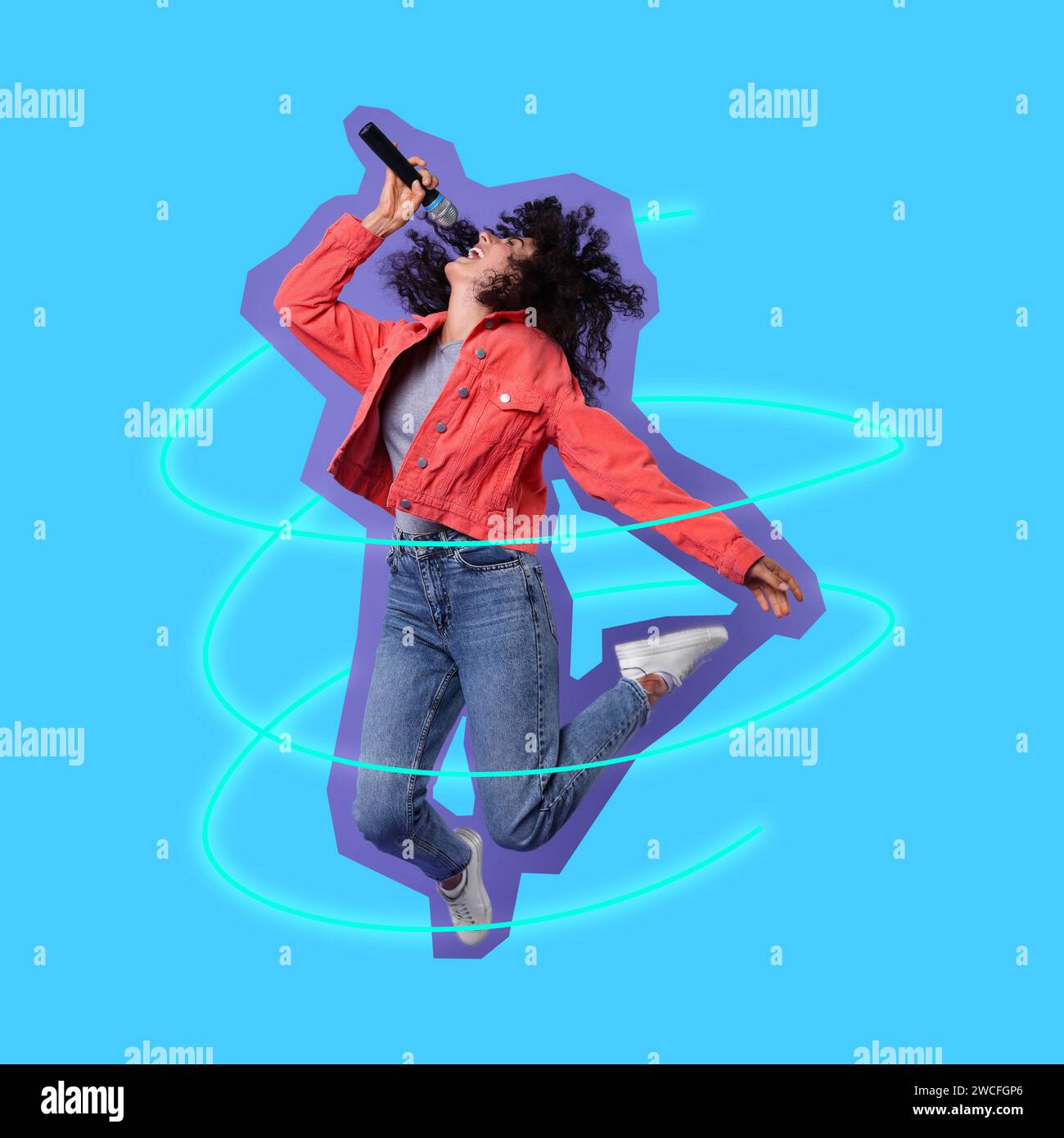 Pop art poster. Woman singing while jumping on light blue background ...