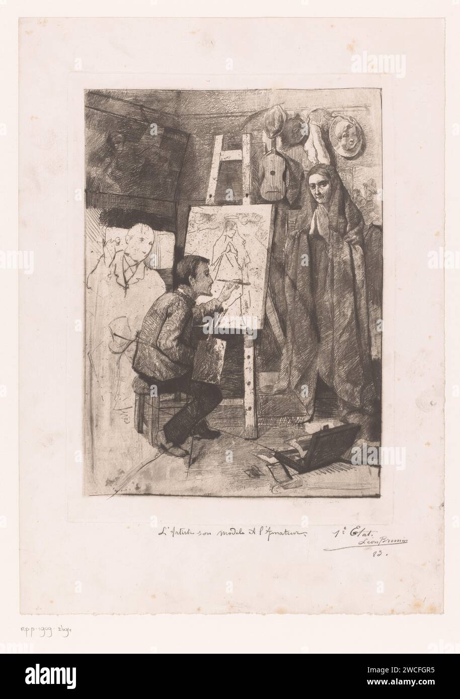Artist, his model and an art lover in the studio, Léon Brunin, 1883 ...