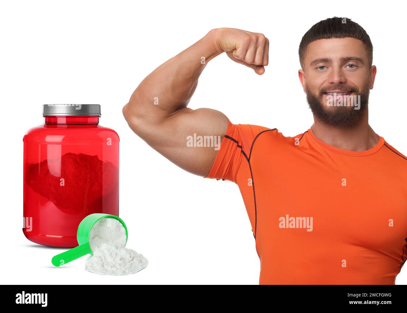 Bodybuilding. Man showing biceps on white background. Protein powder in ...