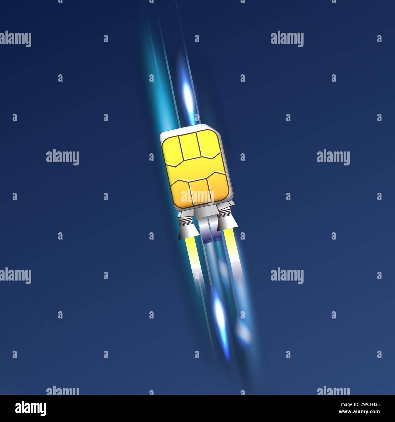 Fast internet connection. SIM card rocket flying on dark blue ...