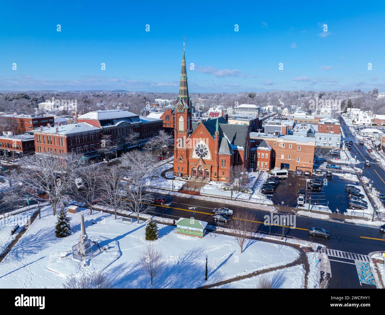 First Congregational Church aerial view in winter with snow at 2 E ...