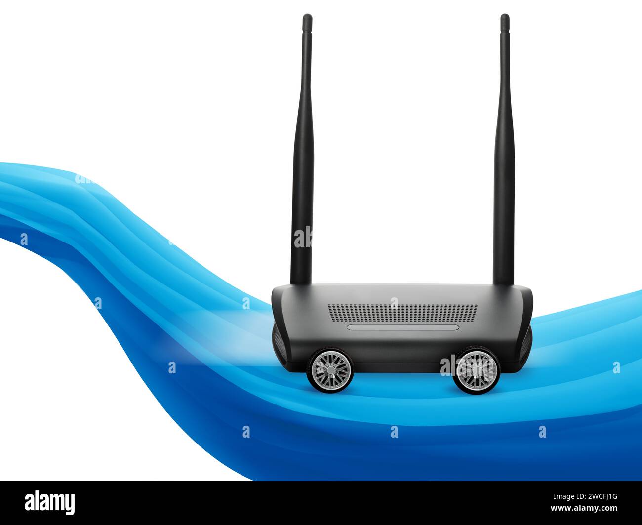 Fast internet connection. Wi-Fi router with wheels riding on white ...