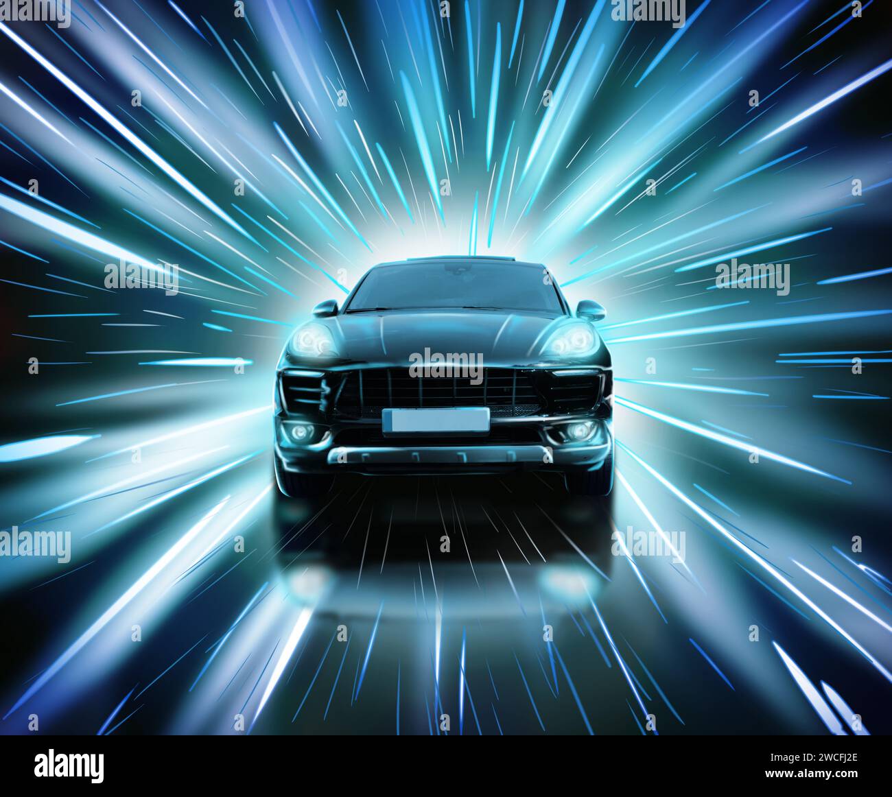 Black modern car and speed light trails, motion blur effect Stock Photo ...