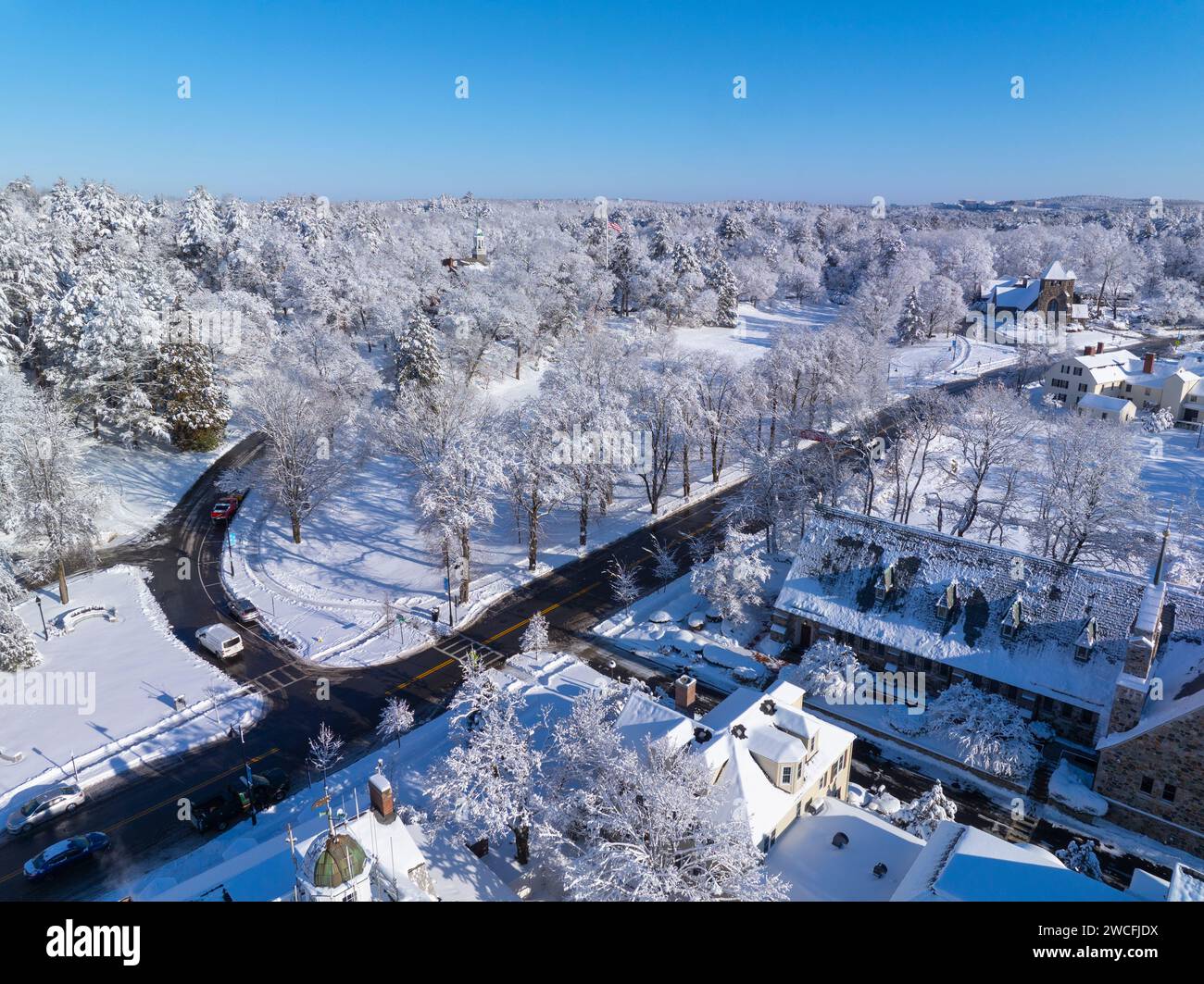Weston Town Hall aerial view at Lanson Park in winter in historic town ...