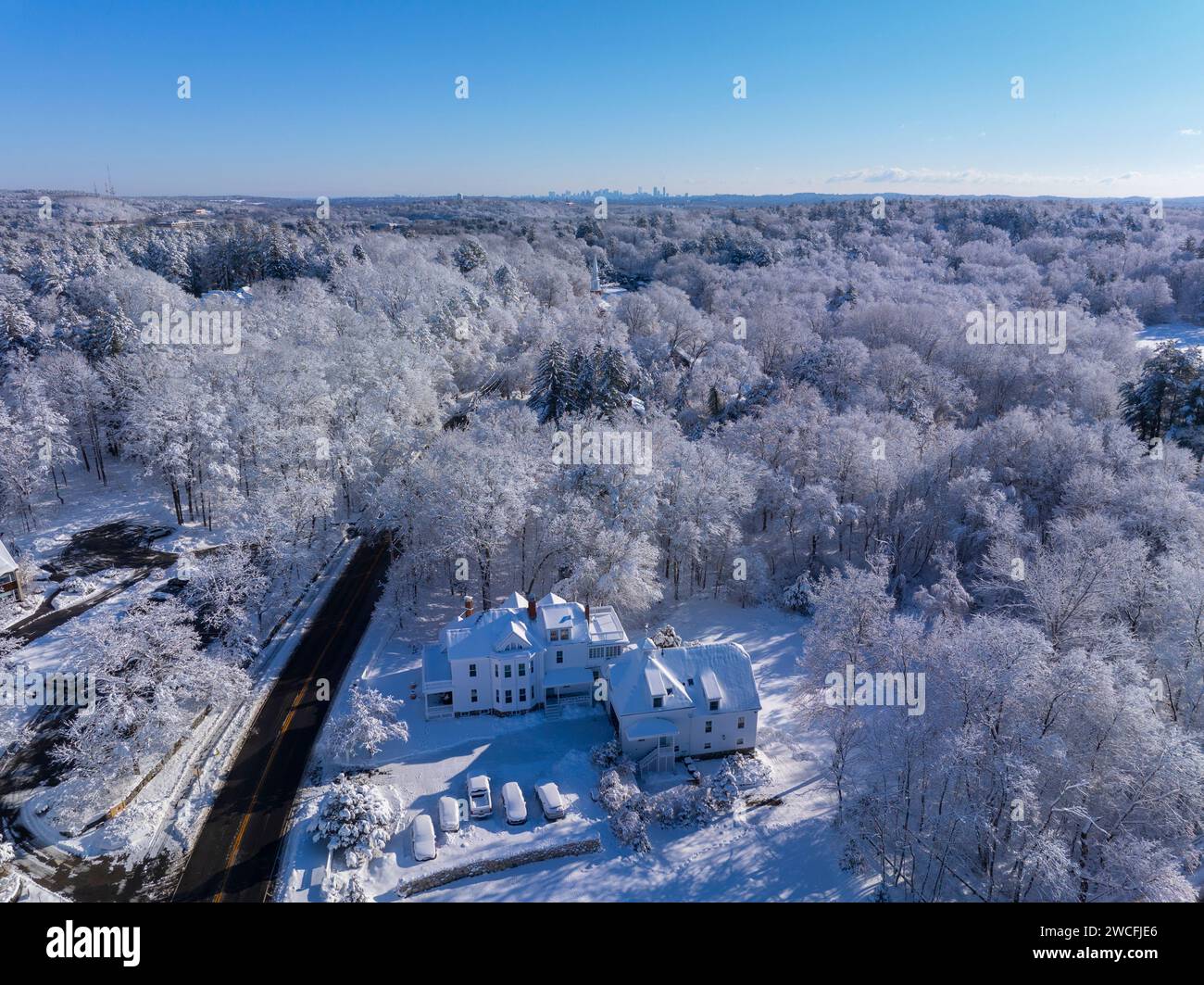 Boston Post Road on US Highway 20 aerial view in winter with Boston ...