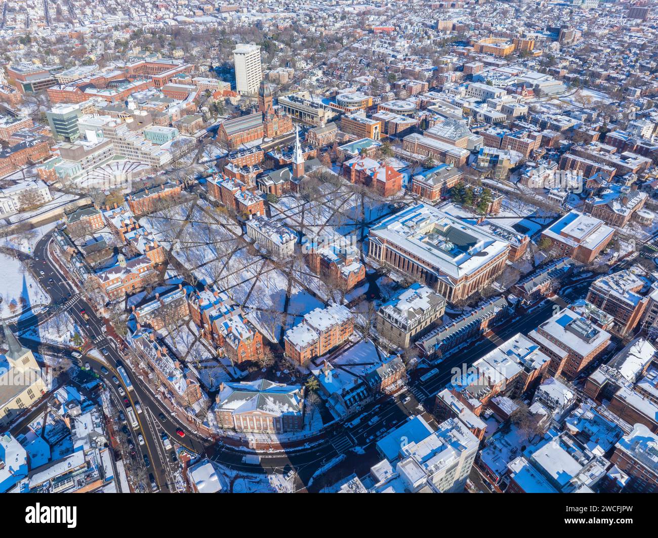 Old Harvard Yard aerial view in winter including Memorial Hall ...