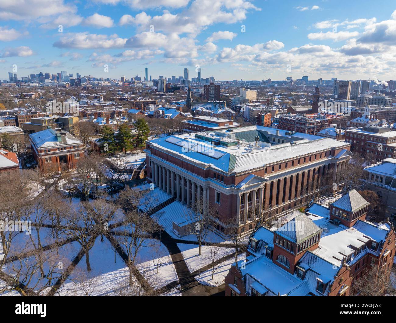 Widener Library aerial view in winter at Old Harvard Yard in historic ...