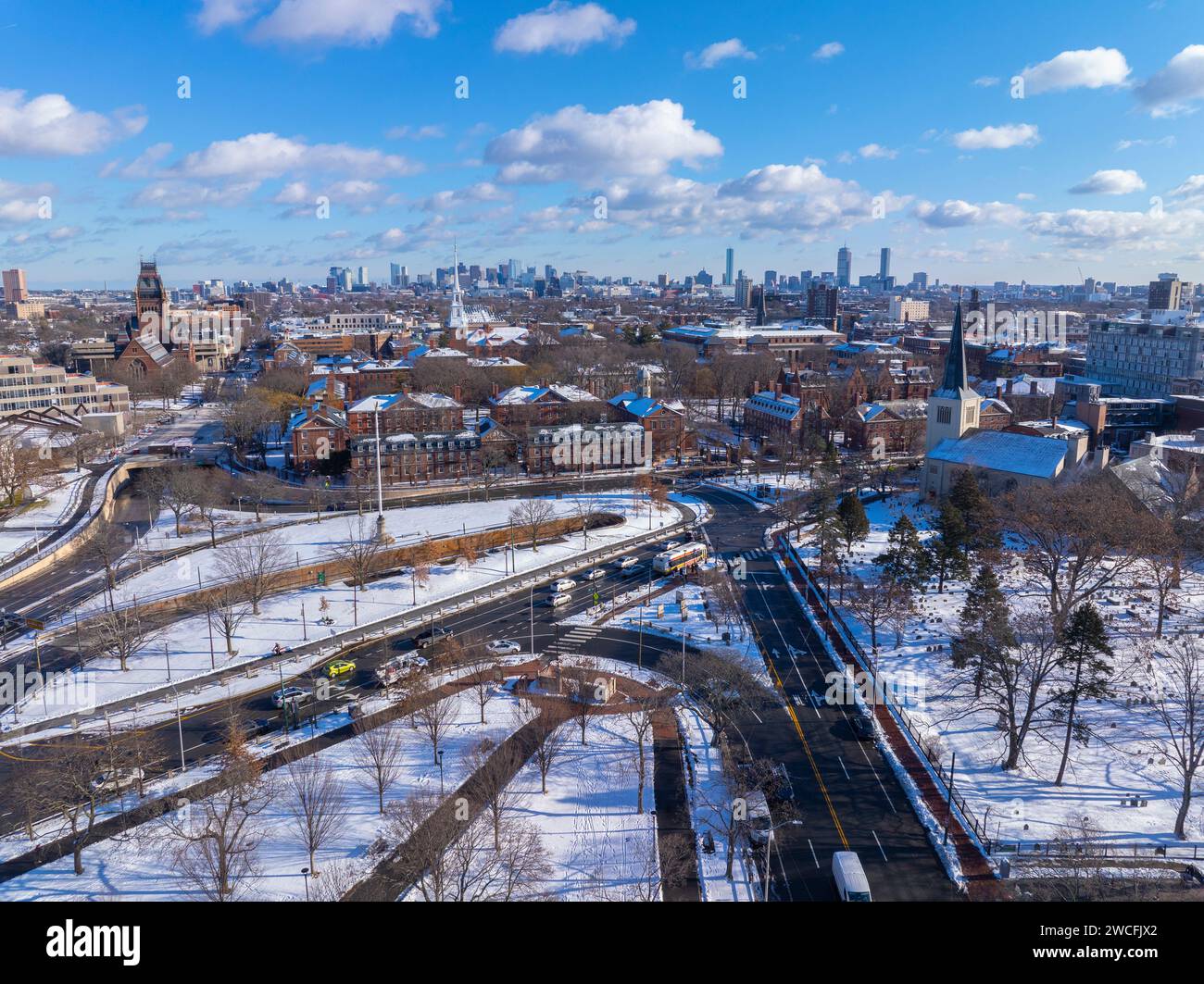 Cambridge Common and Old Harvard Yard aerial view in winter including ...
