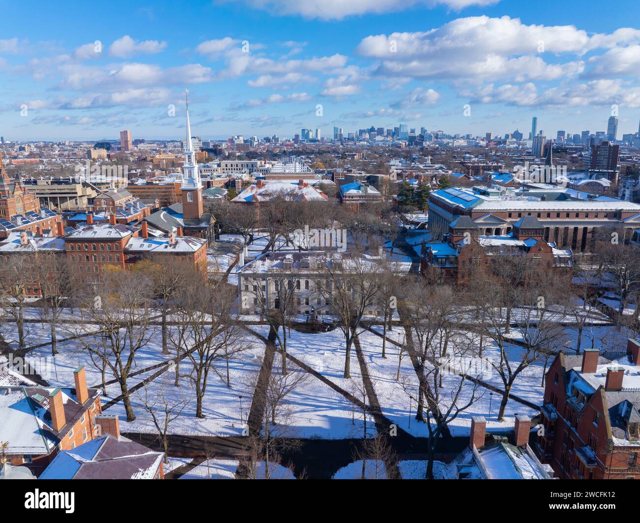 Old Harvard Yard aerial view in winter including Memorial Hall ...