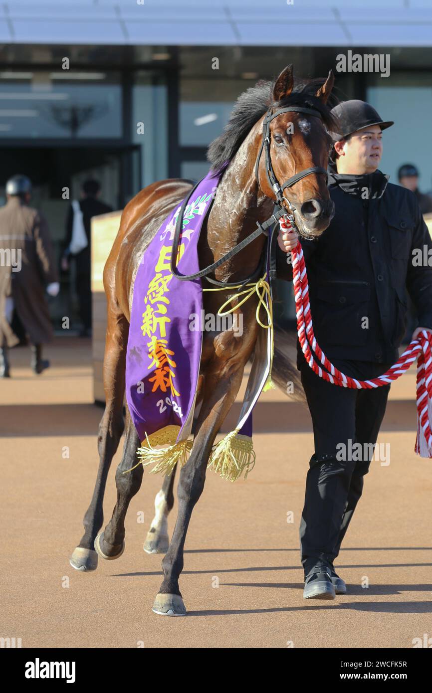 Kyoto, Japan. 14th Jan, 2024. Blow the Horn won the Nikkei Shinshun Hai ...
