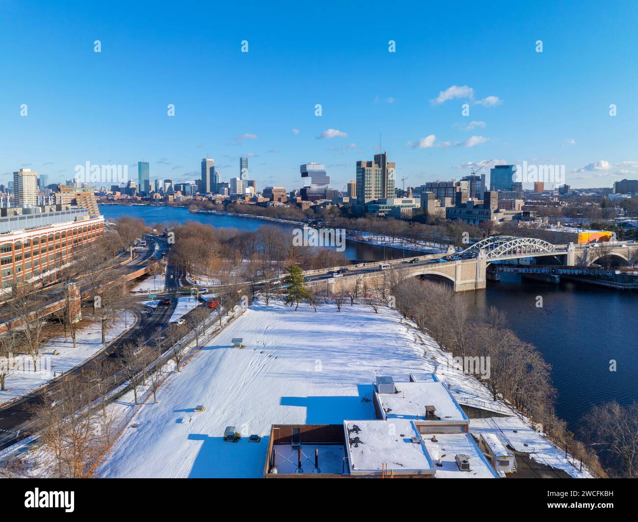 Boston University Bridge across Charles River aerial view with ...