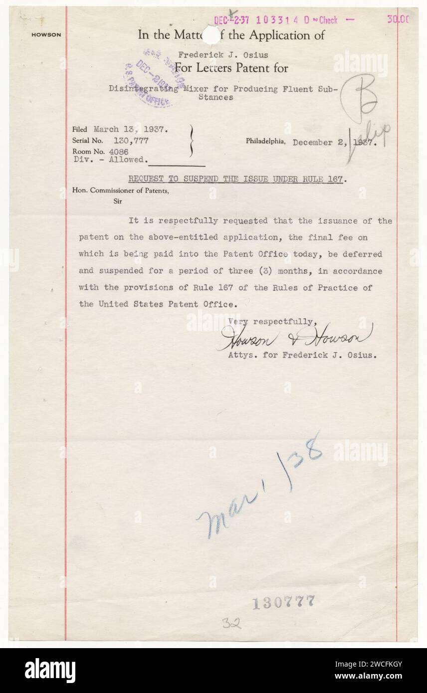 RG 0241 Records of the U.S. Patent and Trademark Office patent number ...