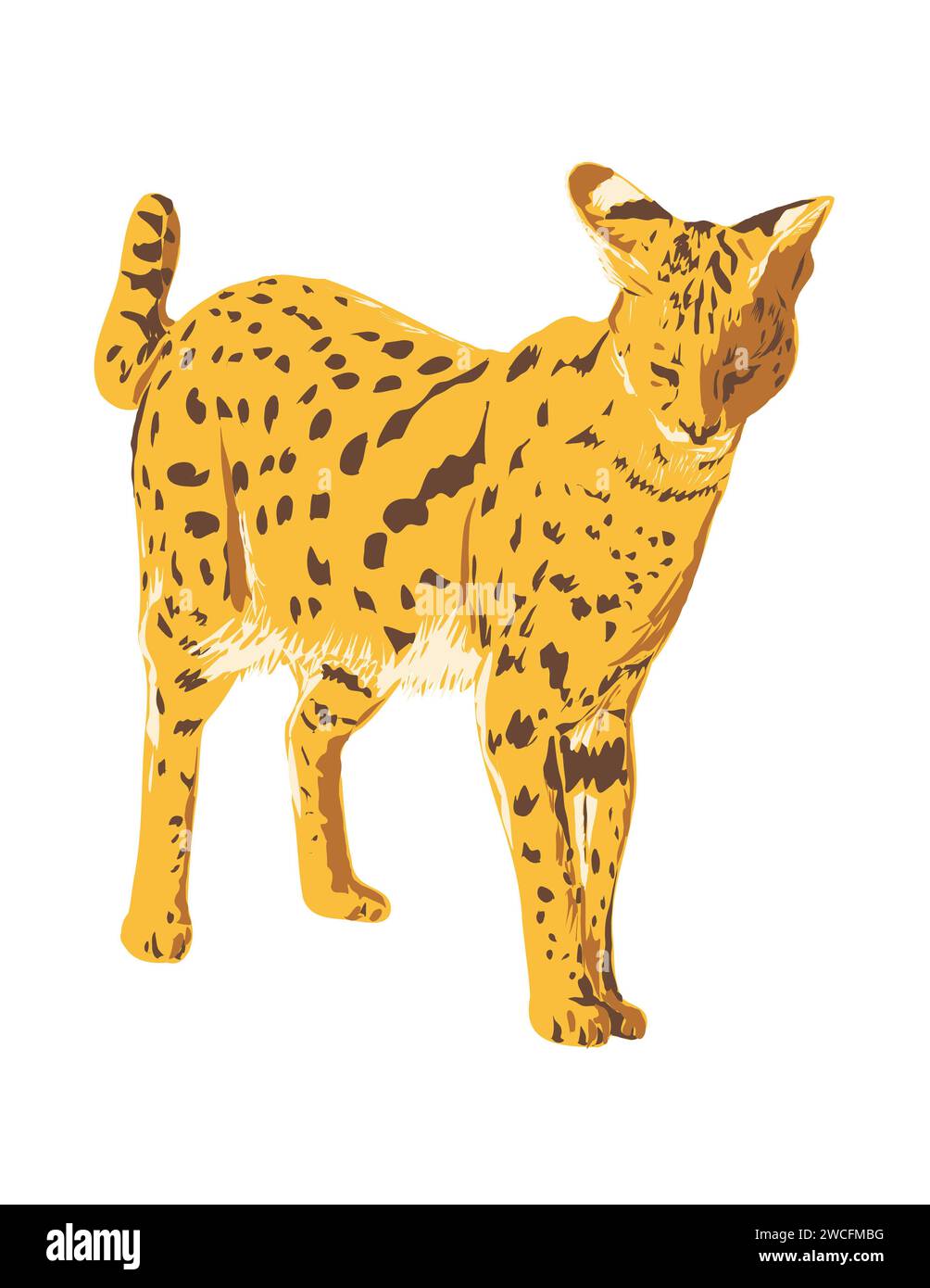 Art Deco or WPA poster of a serval or Leptailurus serval viewed from ...