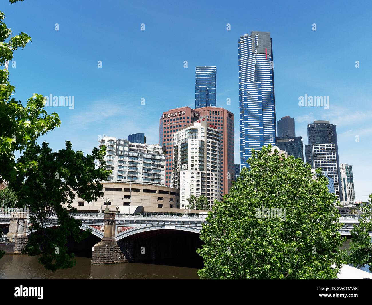 View of towers and commercial buildings alongside the Yarra River in ...