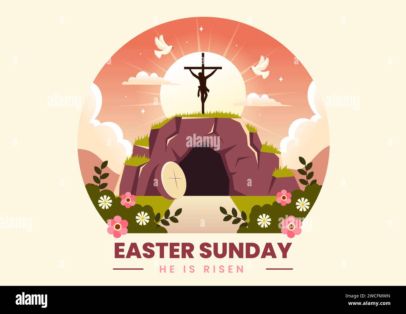 Happy Easter Sunday Vector Illustration of Jesus, He is Risen and ...