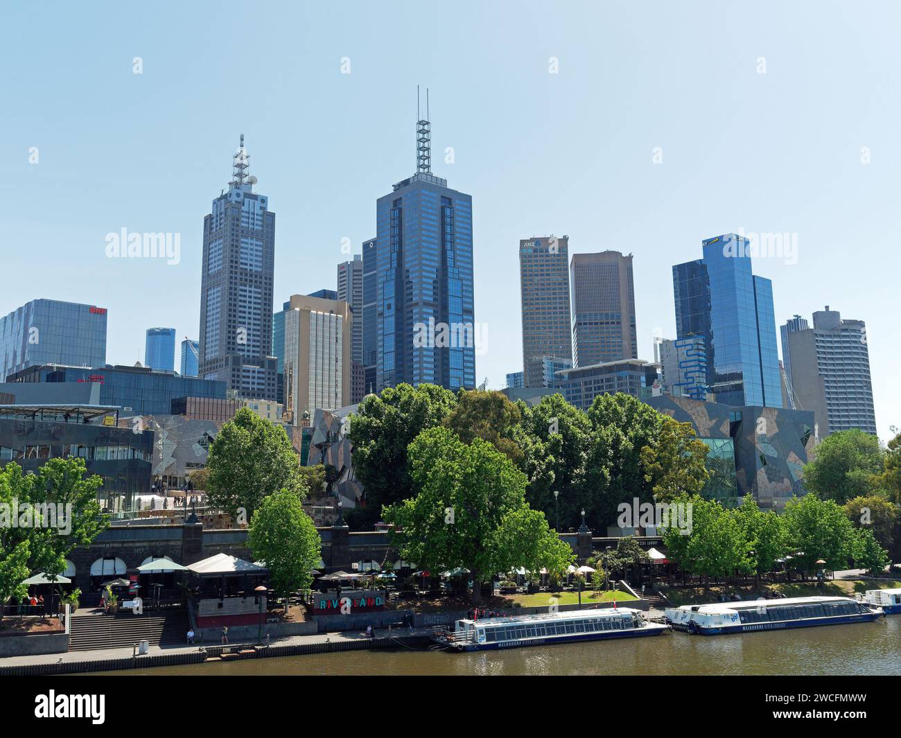 View of towers and commercial buildings alongside the Yarra River in ...