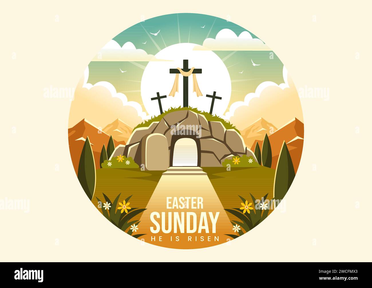 Happy Easter Sunday Vector Illustration of Jesus, He is Risen and ...