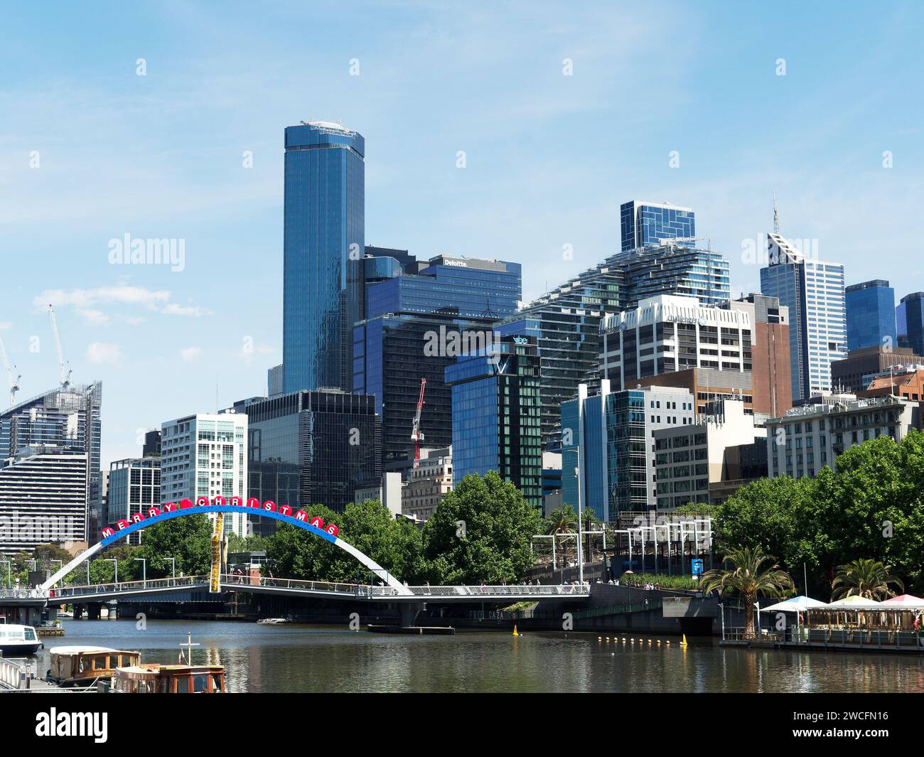 View of towers and Evan Walker Bridge alongside the Yarra River in the ...