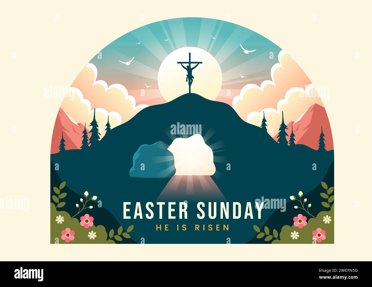 Happy Easter Sunday Vector Illustration of Jesus, He is Risen and ...
