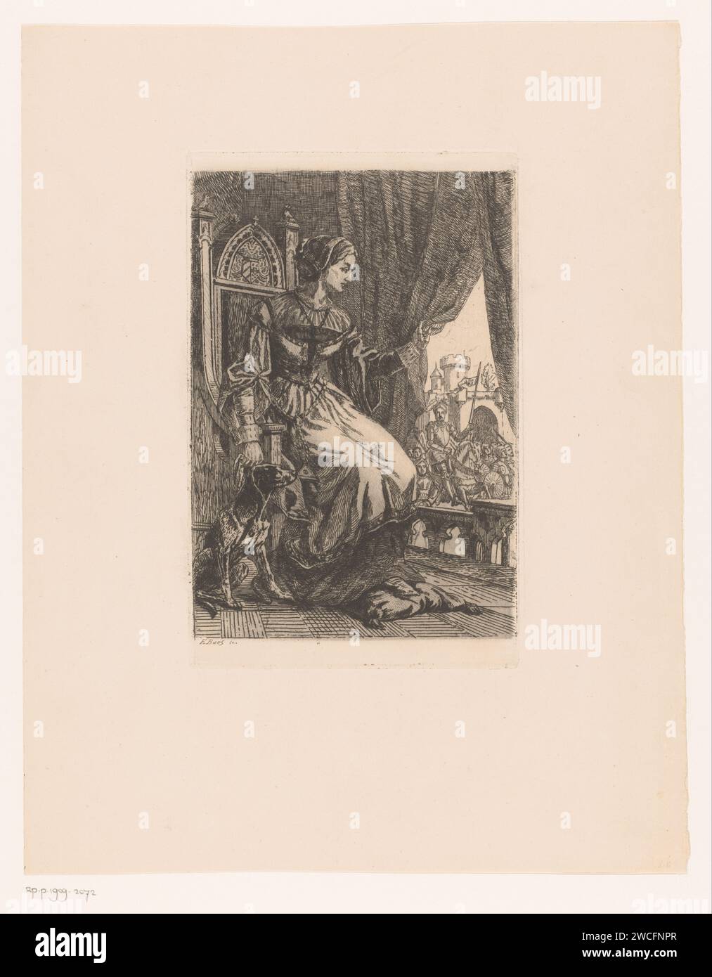 Foot soldiers and a knight on horseback passing past a noble woman ...