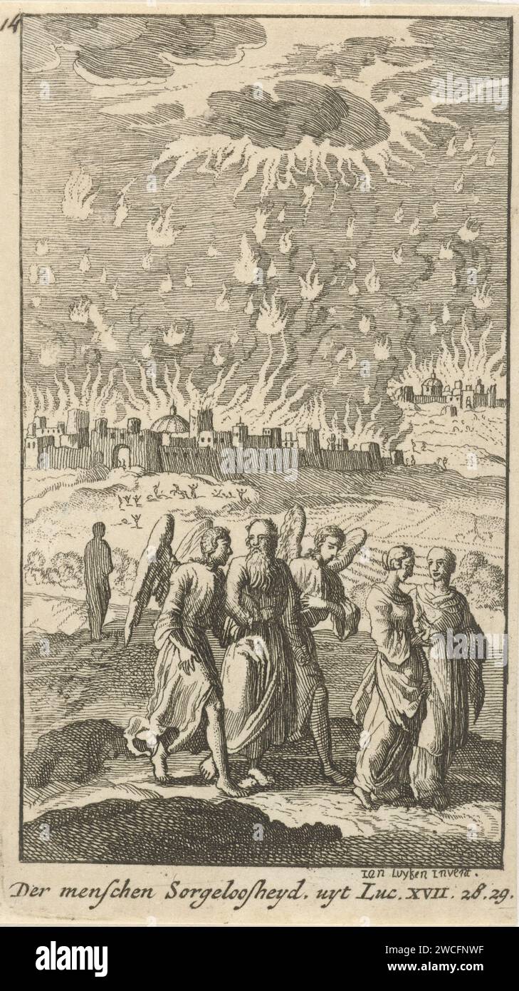 Lot and his daughters leave the burning Sodom, Anonymous, After Jan Luyken, 1720 print paper ...