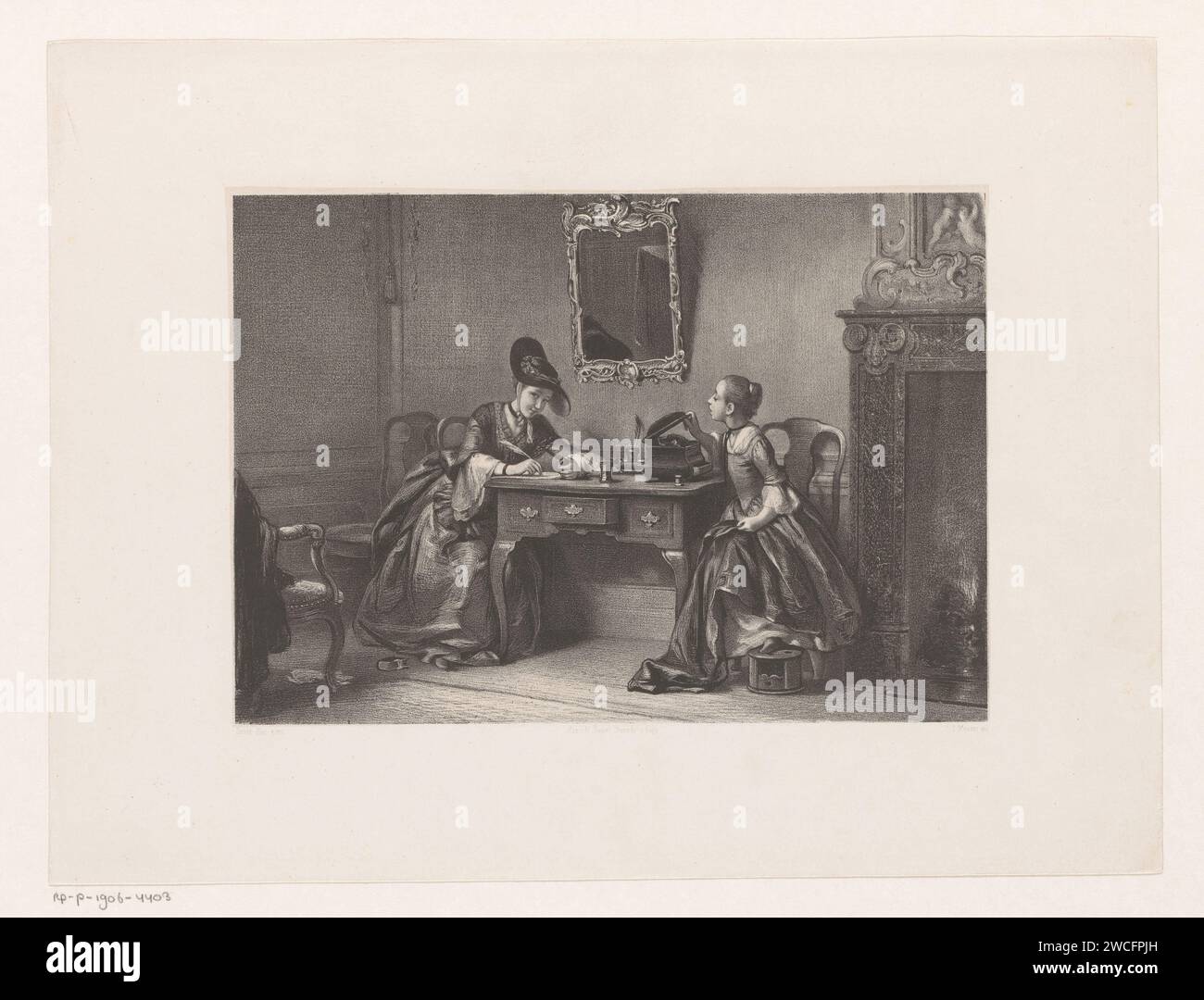 Two young women at a console table, Jan Mesker, After David Bles, 1867 ...