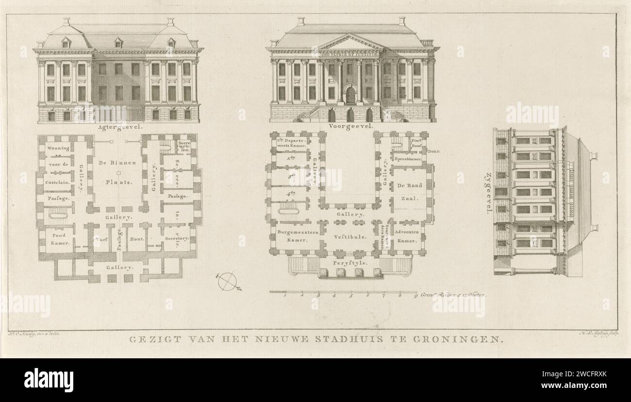 Facades and floor plans of the town hall of Groningen, Hendrik Leffert ...