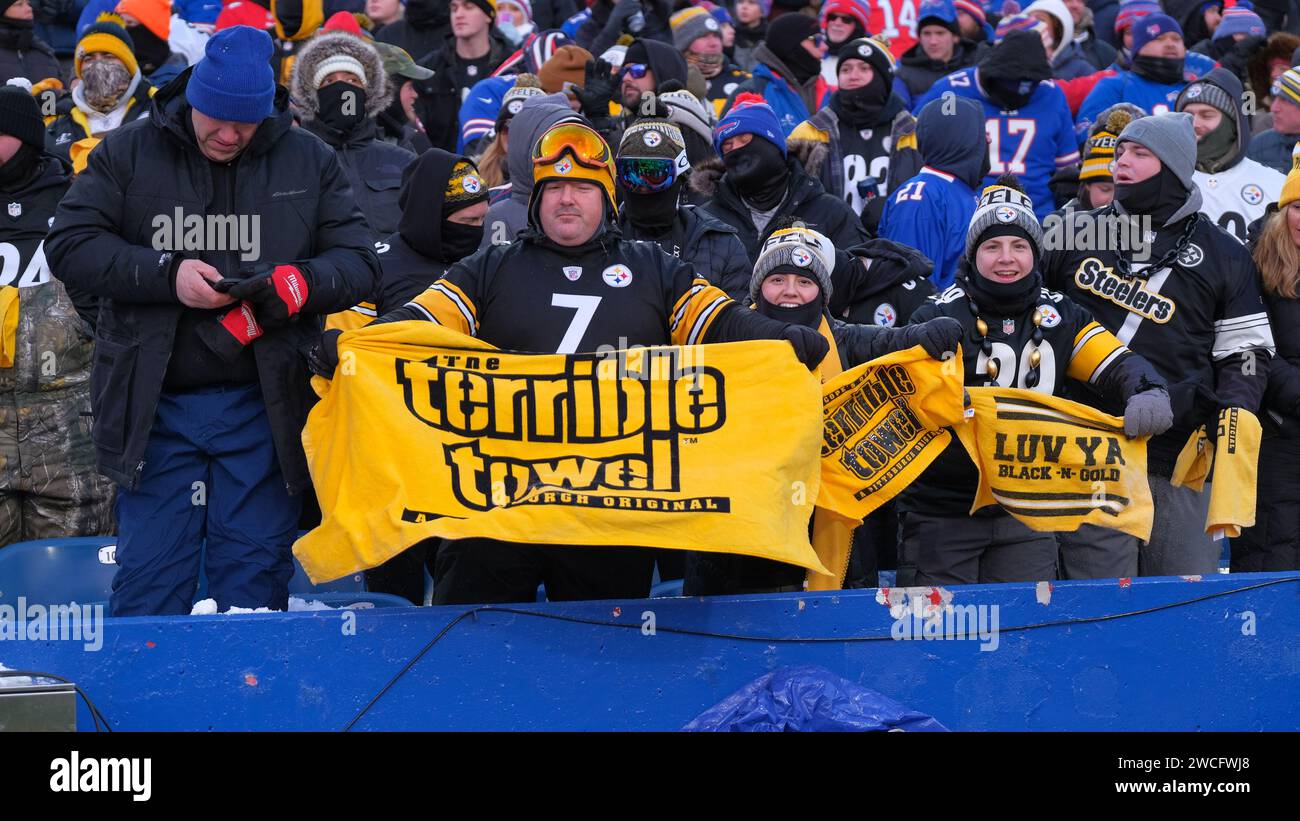 Buffalo, NY, USA. 15th Jan, 2024. Steelers fans during the Pittsburgh Steelers vs Buffalo Bills ...