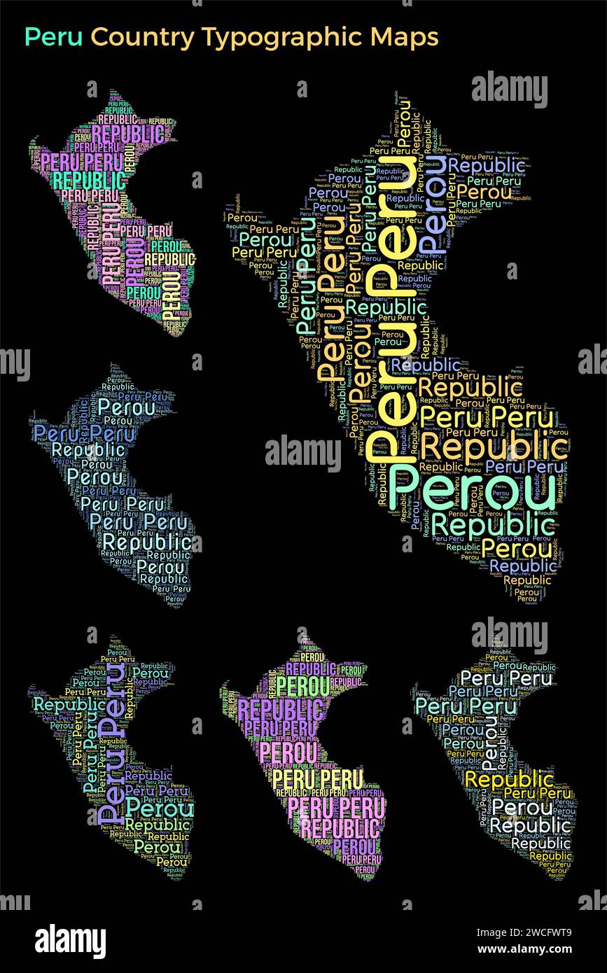 Peru. Set of typography style country illustrations. Peru map shape ...