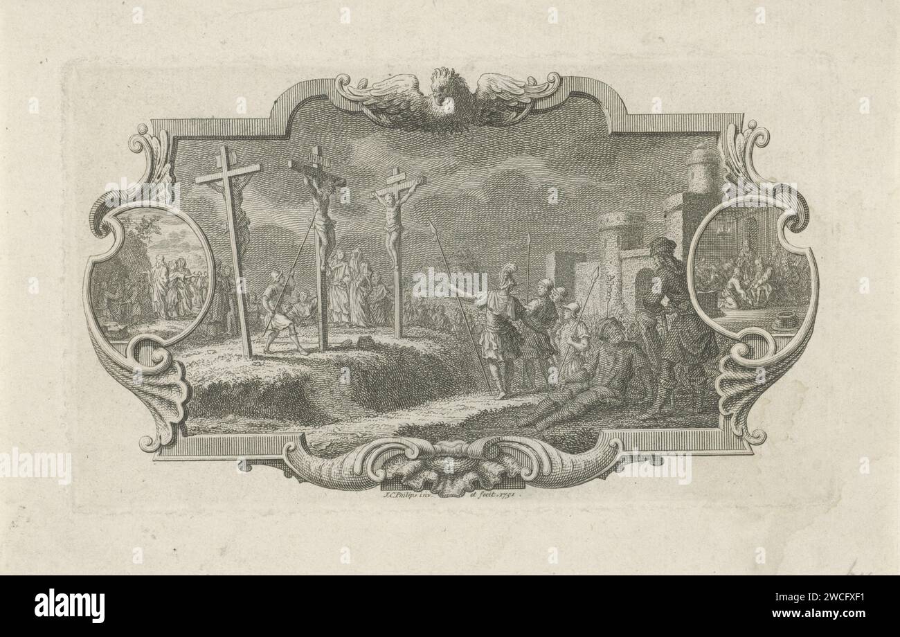 Cartouche with the crucifixion of Christ, Jan Caspar Philips, 1751 print The cross -death of ...