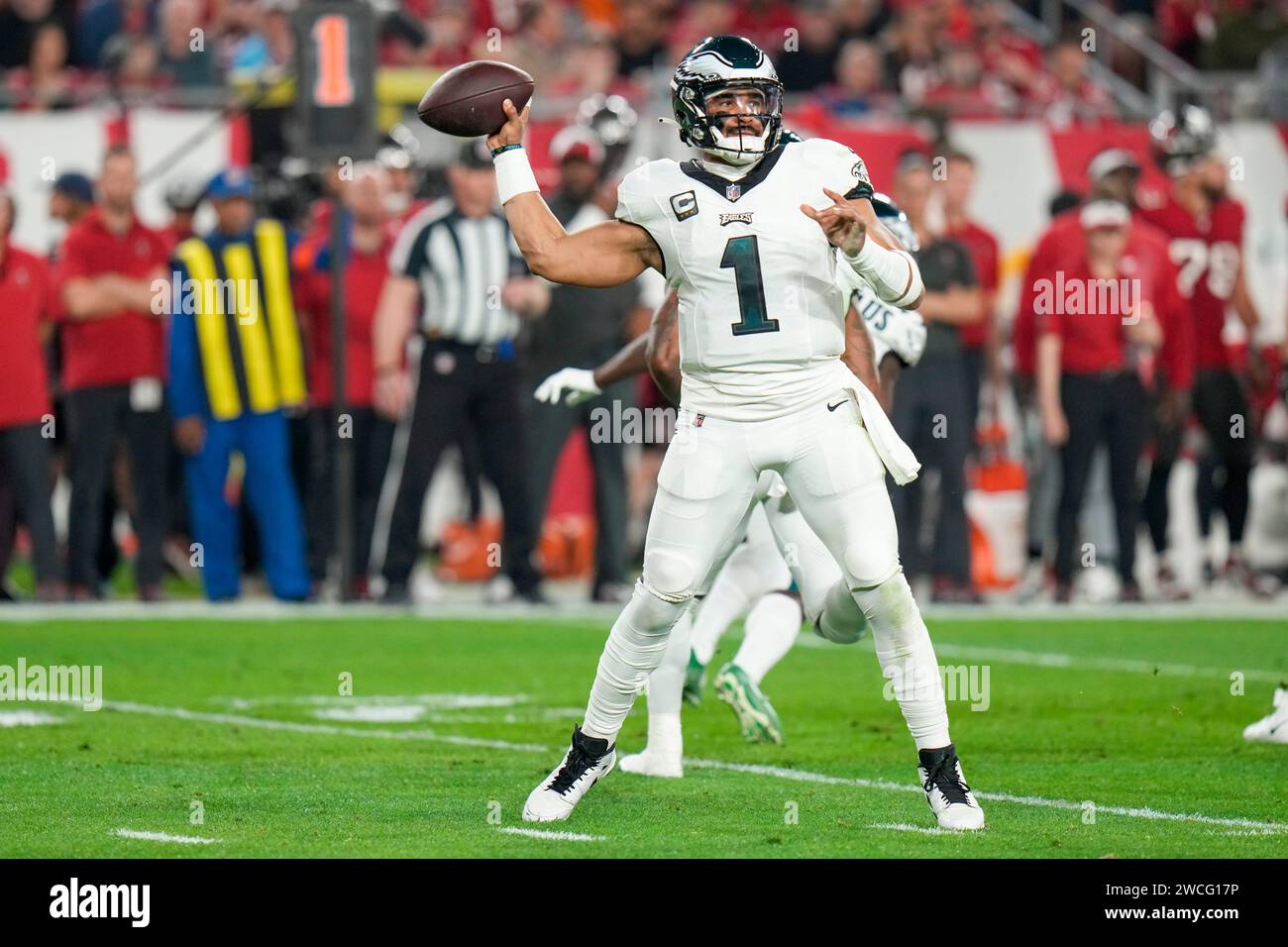 Philadelphia Eagles quarterback Jalen Hurts throws a pass against the ...