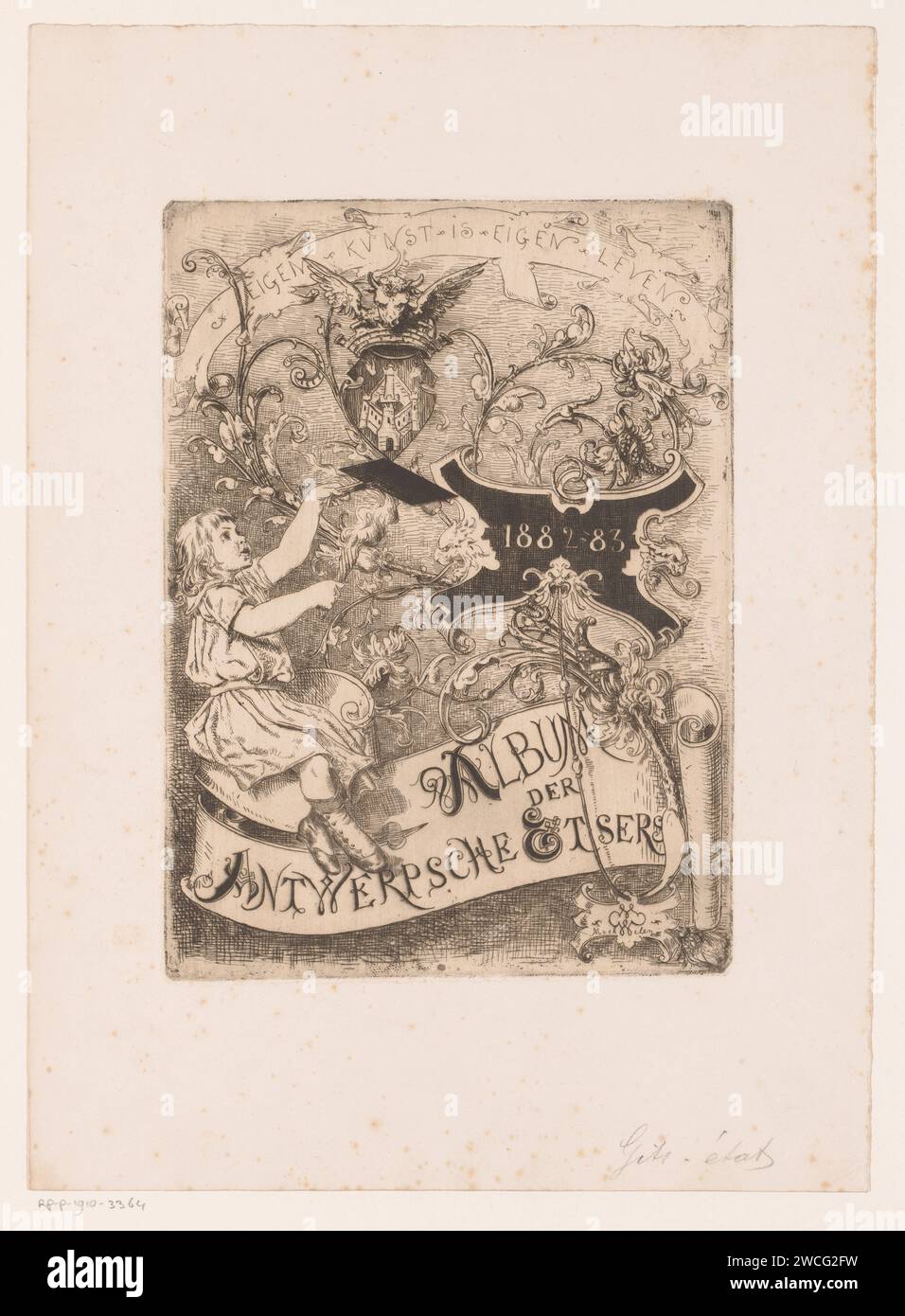 Child with Fakkel and Rooster on a cartouche with floral ranks, Willem ...