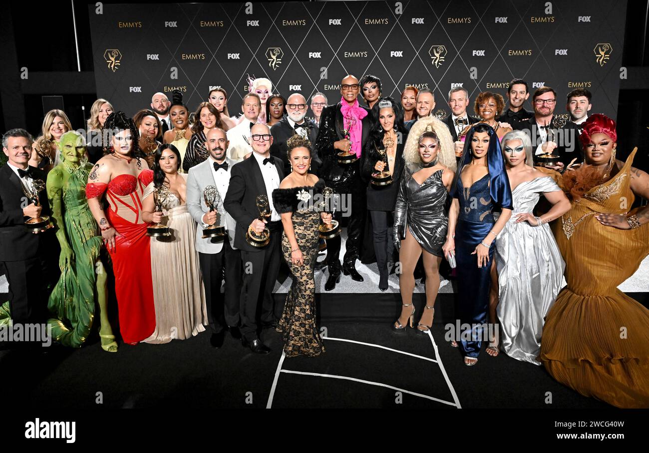 The team from "RuPaul's Drag Race" poses in the pressroom with the Emmy ...