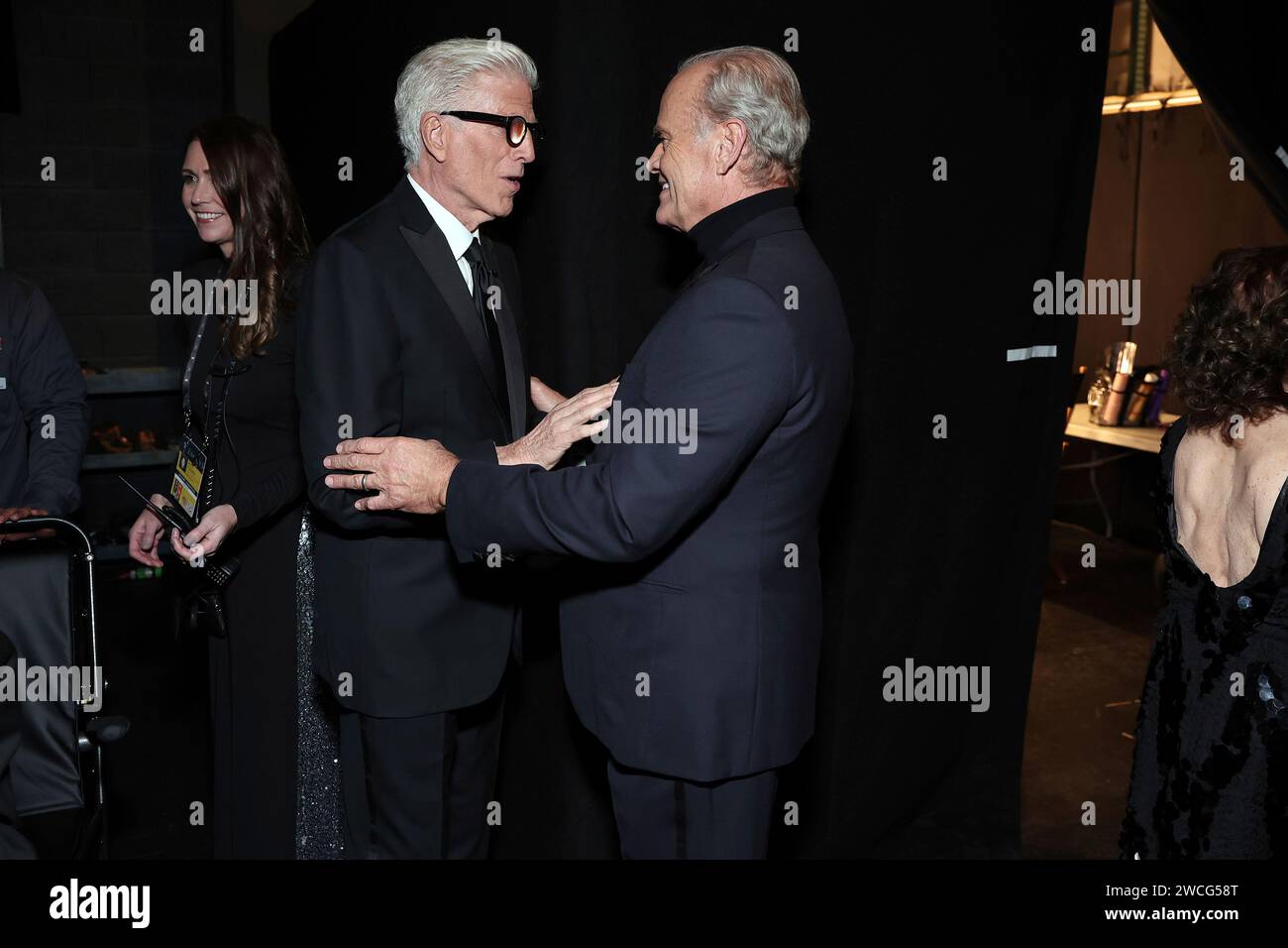Ted Danson, left, and Kelsey Grammer backstage at the 75th Emmy Awards on Monday, Jan. 15, 2024 ...