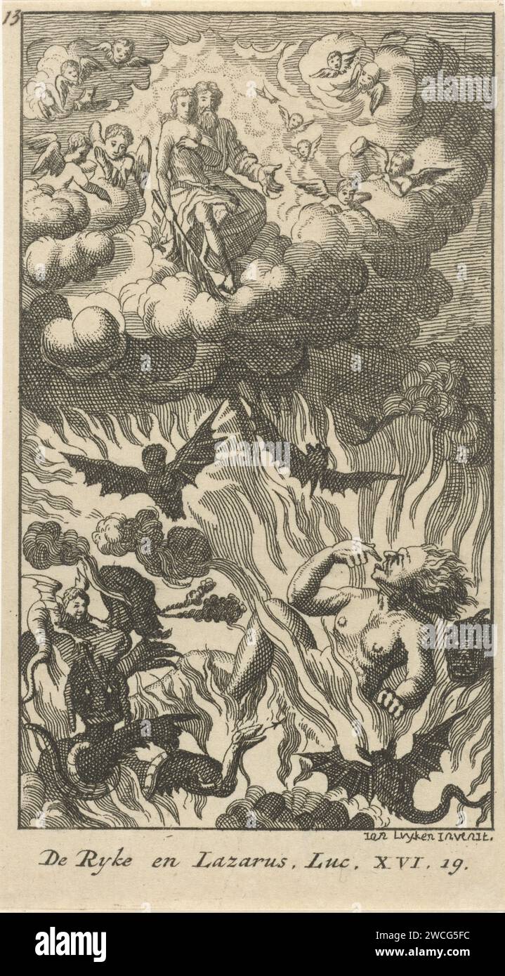Vision of the rich man in hell, Anonymous, After Jan Luyken, 1720 print paper etching in hell ...