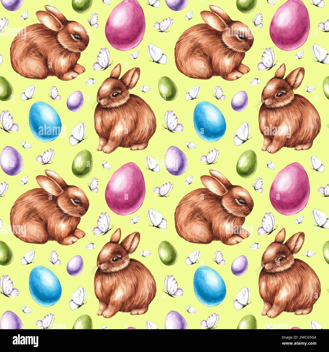 Watercolor Easter pattern with Easter bunnies and eggs. Watercolor ...