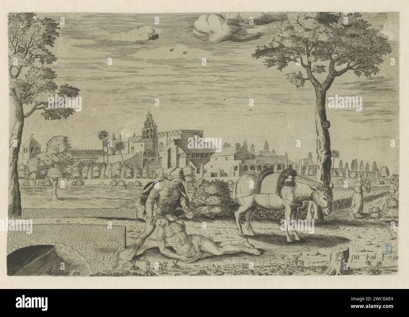 The Merciful Samaritan, Pieter Bast, 1598 print View of an Italian city ...