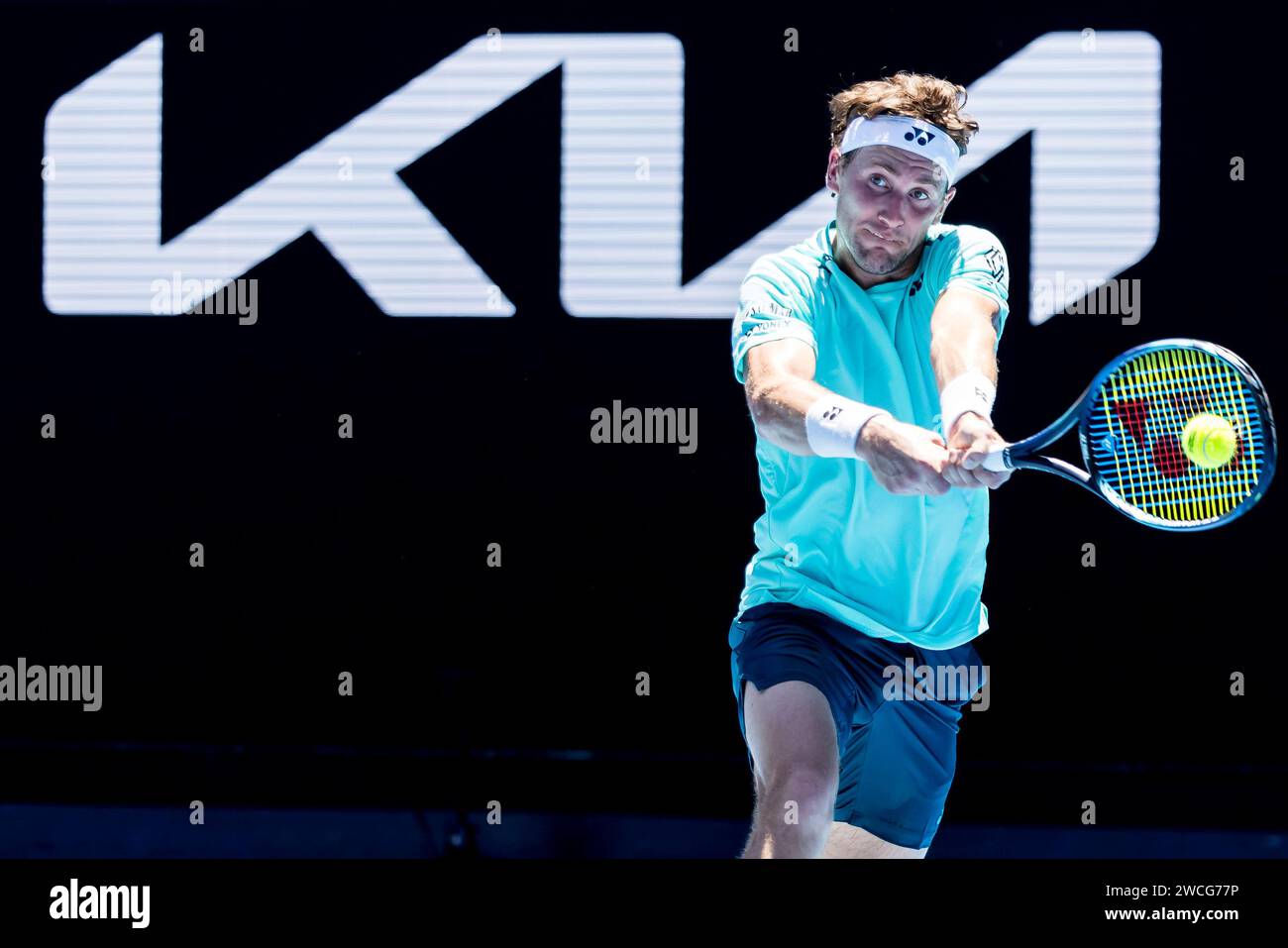 MELBOURNE, VIC - JANUARY 16: Casper Ruud of Norway in action during ...