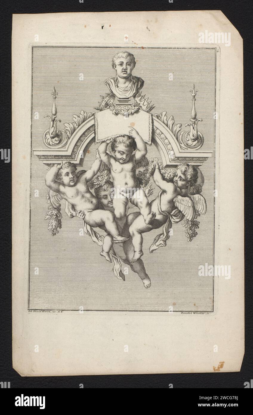 Putti Wear a bow with bust, Benedikt Winkler, 1737 - 1754 print Four ...