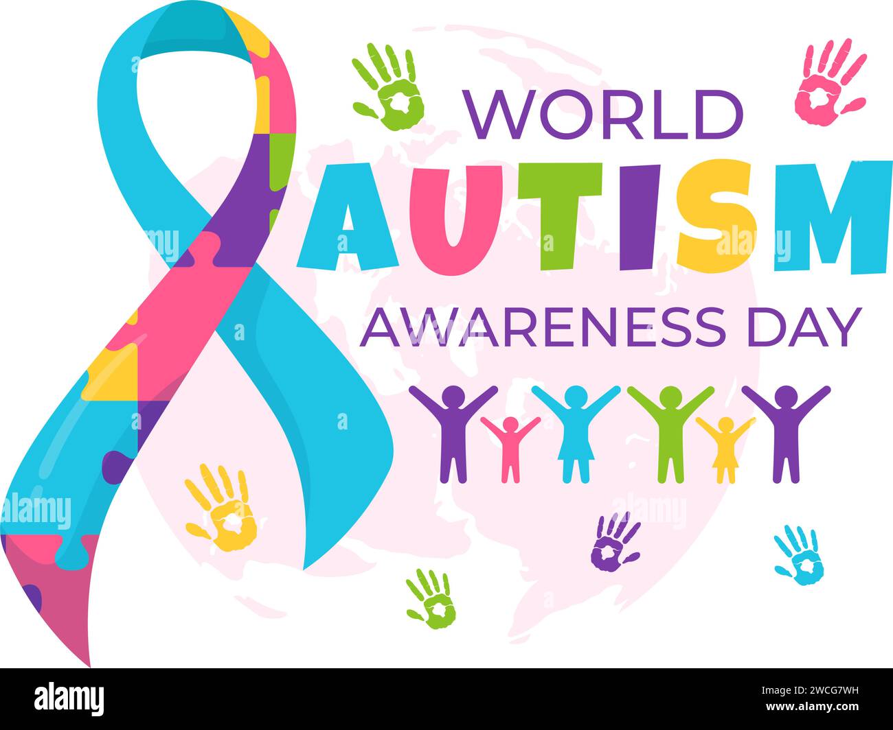 World Autism Awareness Day Vector Illustration with Ribbon of Puzzle ...