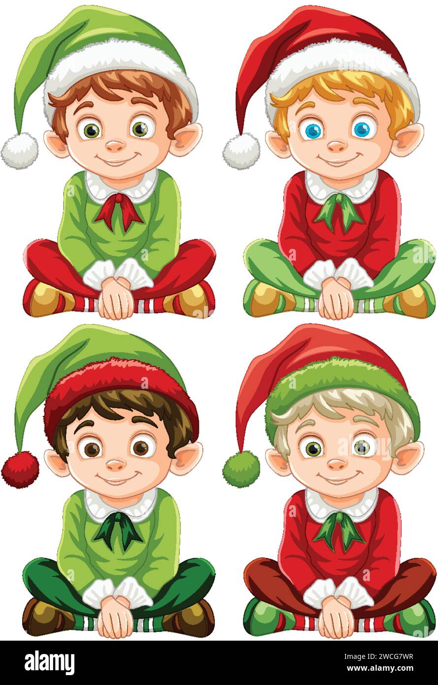 Four cheerful elves in festive Christmas attire Stock Vector Image ...