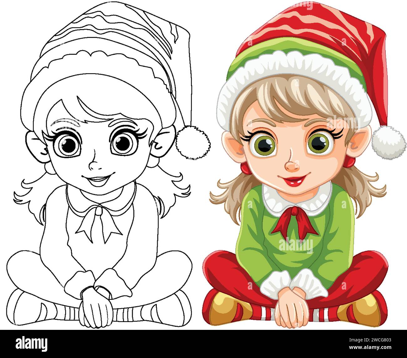 Colorful and outlined versions of a Christmas elf girl Stock Vector ...